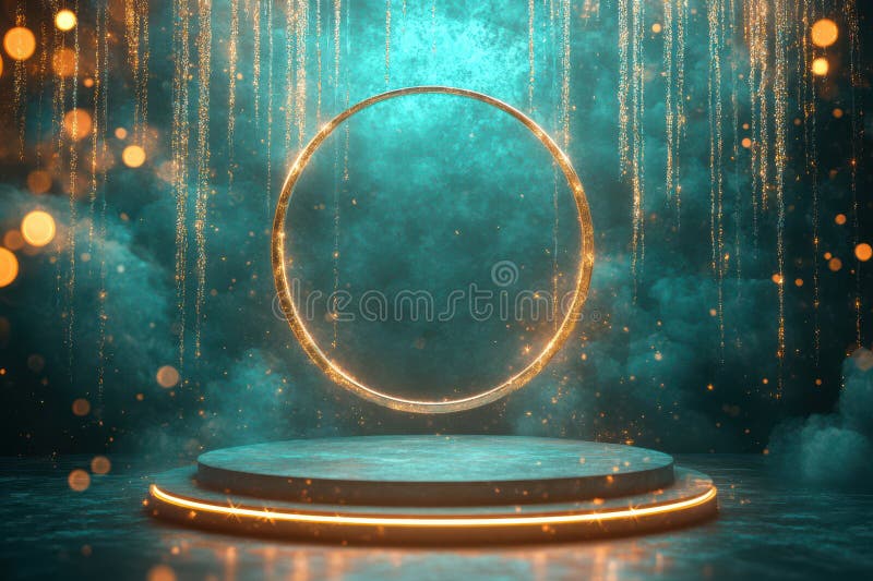 Teal and Gold Podium with Glittering Lights Magical Stage Design Stock ...