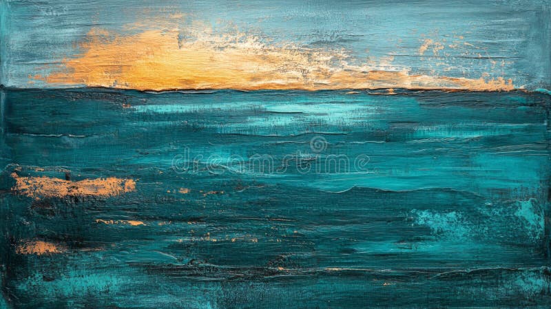 Teal and Gold Sunset Over Ocean Abstract Painting Stock Illustration ...