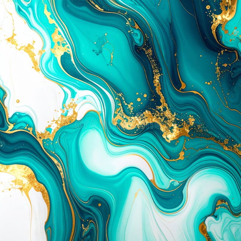 Teal Green Abstract Fluid Art with Gold Accents Stock Illustration ...