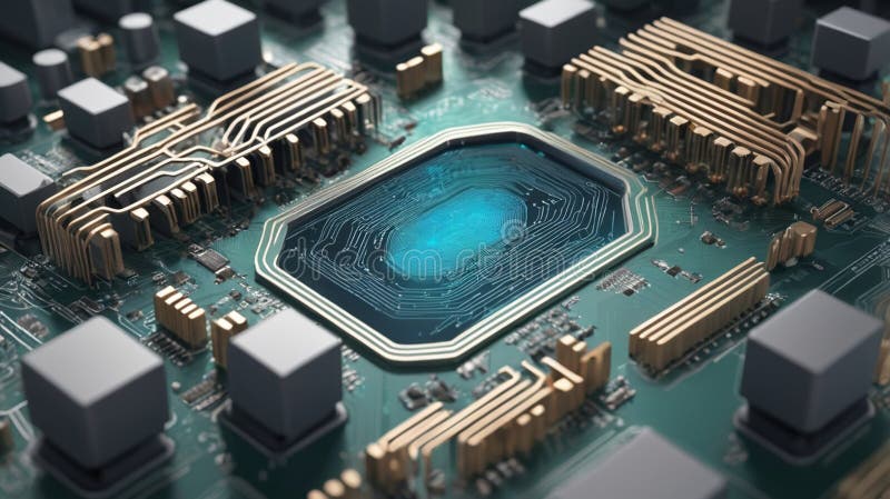 Teal Green Circuit Board with Gold Connectors and Central Blue ...