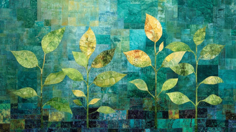 Teal and Green Patchwork Collage of Growing Leaves Stock Illustration ...