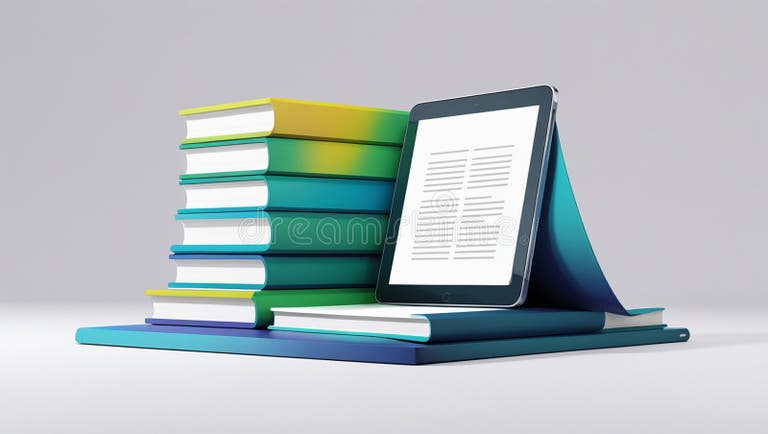 Teal Green Yellow Books Stack Tablet Digital Reading Ebooks Education ...