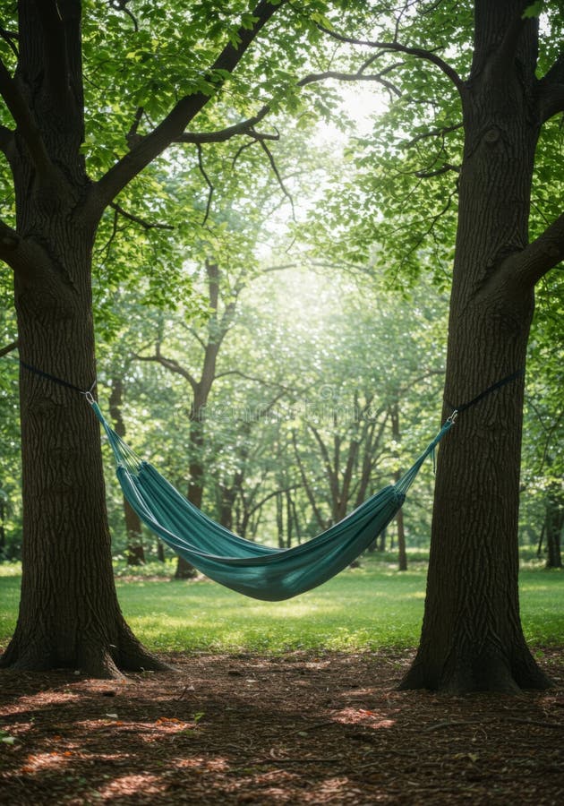 Teal Hammock Hanging between Two Trees in Sunny Green Park Stock ...