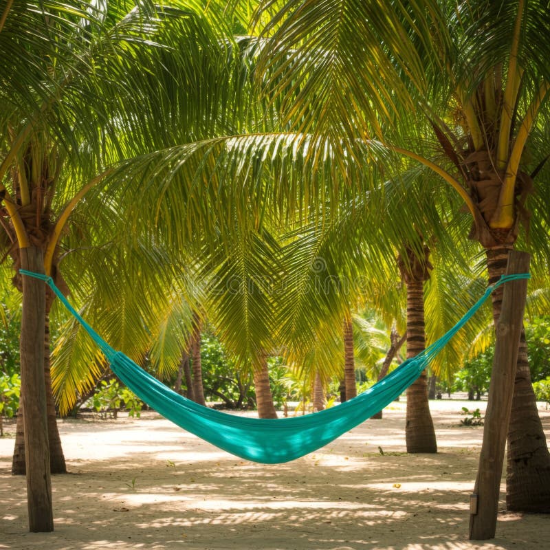 Teal Hammock between Lush Palm Trees on a Sunny Beach Stock ...