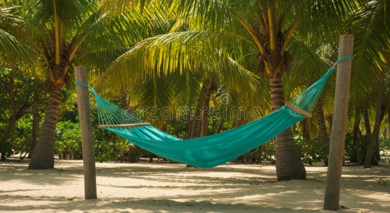 Teal Hammock between Palm Trees on Sandy Beach Stock Illustration ...