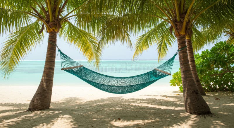 Teal Hammock between Palm Trees on a Tropical Beach Stock Illustration ...