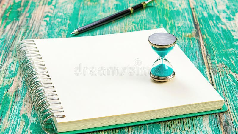 Teal Hourglass on Blank Notepad, Rustic Wood Stock Image - Image of ...