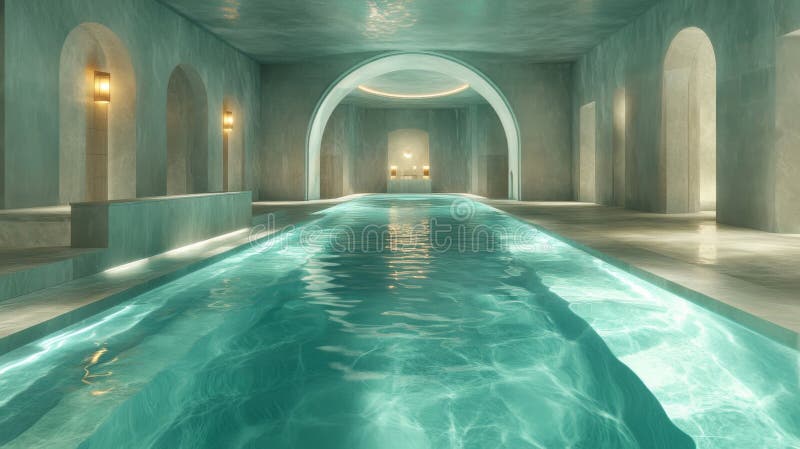 Teal Indoor Pool in Modern Architecture with Arches Stock Illustration ...