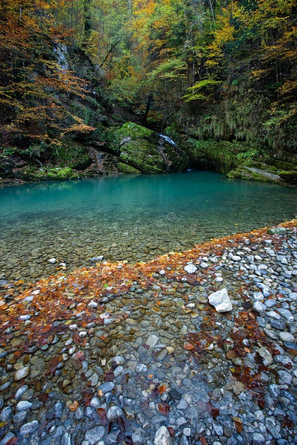 Teal Lake with Lush Vegetation on the Cliffs. Stock Photo - Image of ...