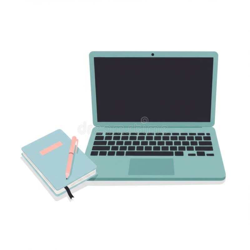 Teal Laptop and Notebook with Pen on White Background Stock ...