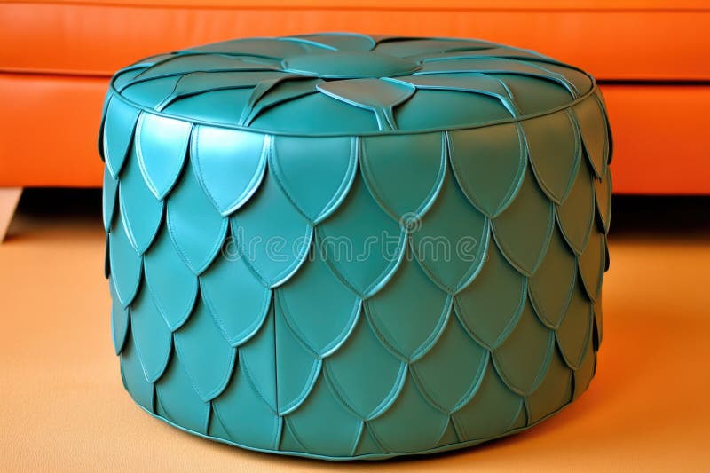 Teal Leather Ottoman with Scale Pattern in Modern Living Room Stock ...
