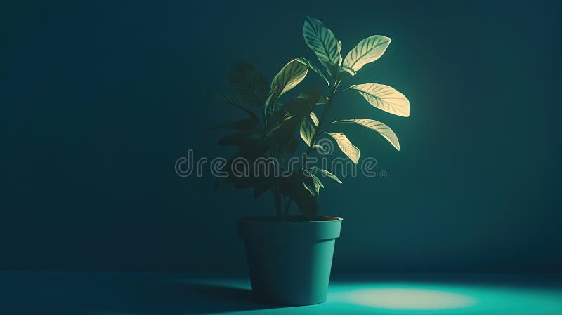Teal-lit Potted Plant in Dark Room Stock Photo - Image of leaves ...