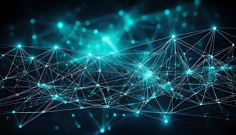 A Teal Luminous Network with Connected Nodes and Lines Over a Dark ...