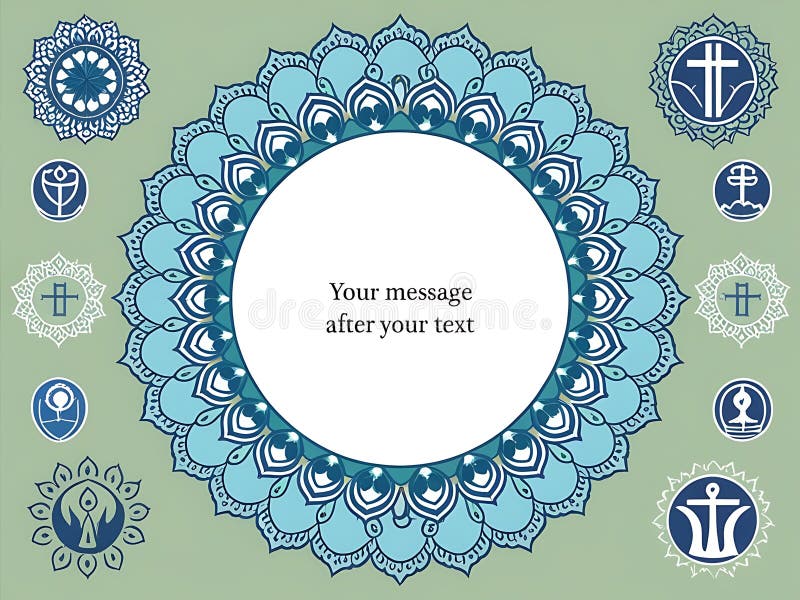 Teal Mandala Design with Religious Symbols and Space for Text Stock ...