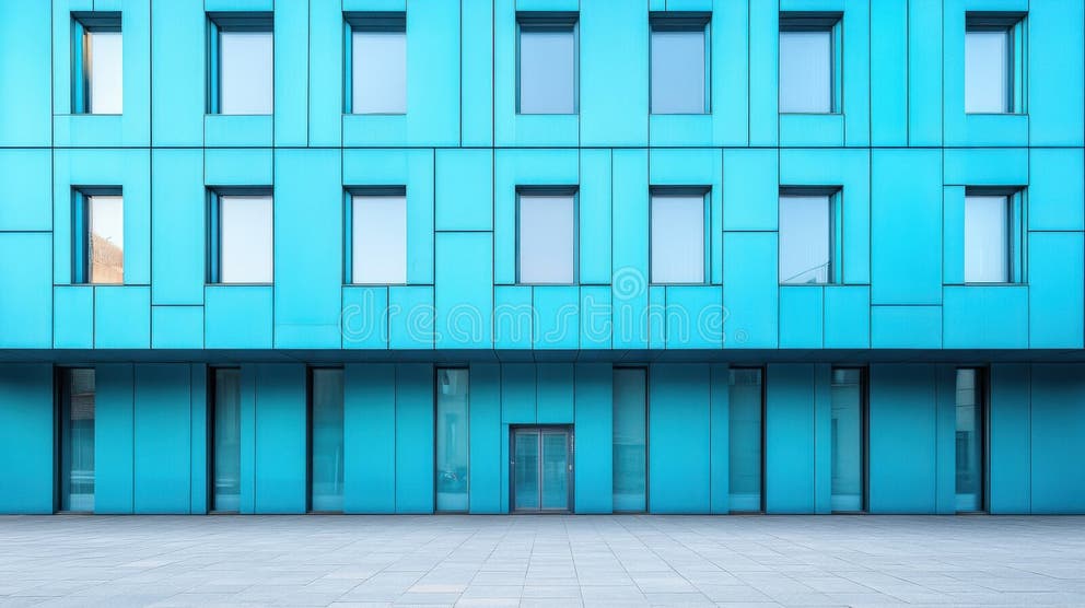 Teal Modern Building Facade with Geometric Windows and Doors Stock ...