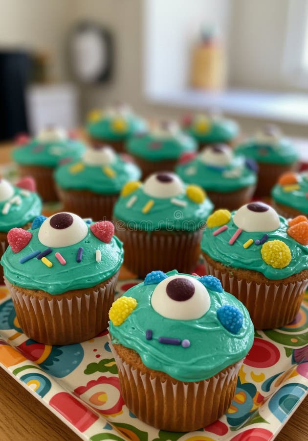 Teal Monster Cupcakes with Candy Eyes and Sprinkles Stock Illustration ...