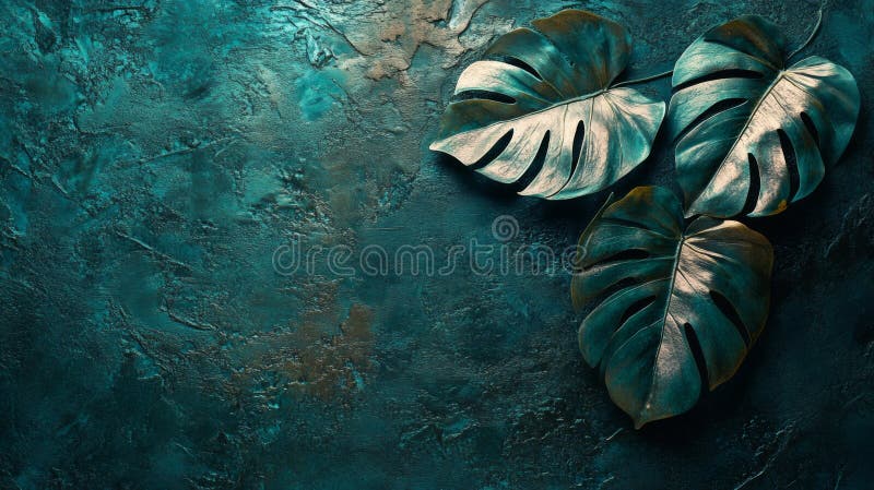 Teal Monstera Leaves on a Rustic Green Background Stock Illustration ...