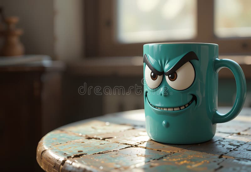 Teal Mug with a Grumpy Face on a Rustic Table Stock Illustration ...
