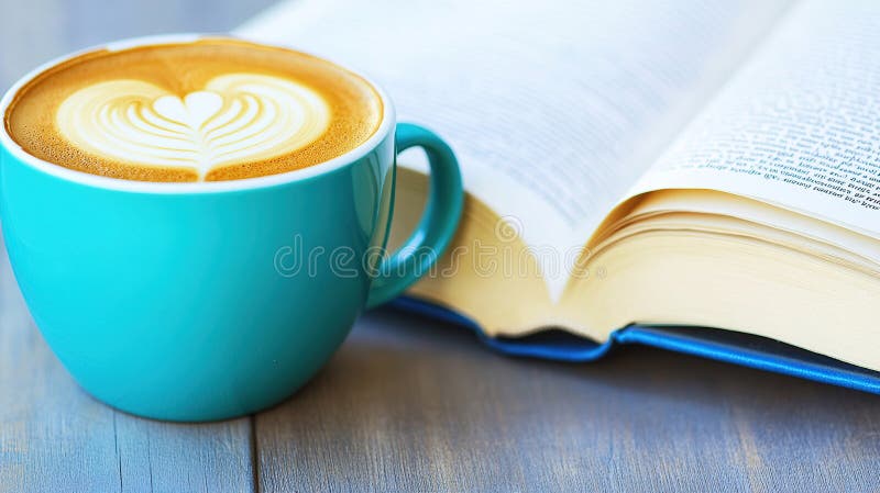 Teal Mug Latte Art, Open Book, Wood Table, Cafe Stock Photo - Image of ...