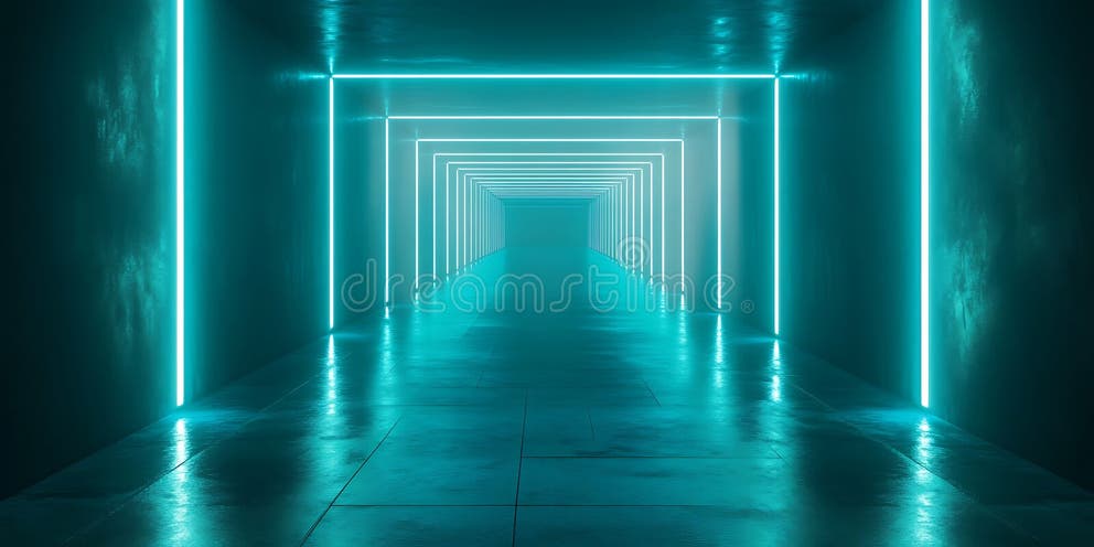 Teal Neon Lights Corridor Background Stock Illustration - Illustration ...