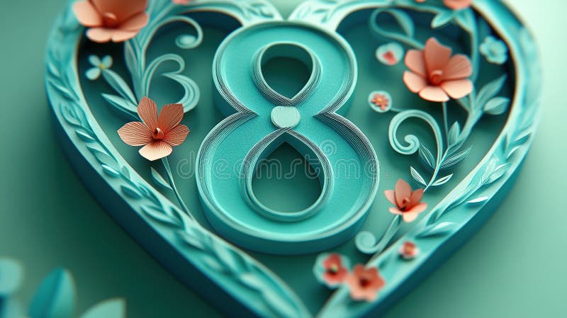 Teal Number Eight in Heart Floral Frame Stock Illustration ...