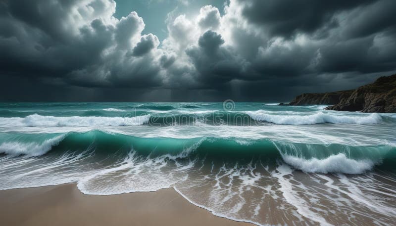 Teal Ocean Waves on a Stormy Beach with Dark Clouds - Dramatic Seaside ...