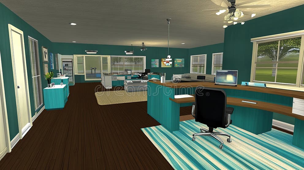 Teal Office Interior Design, Modern Reception, Home Office, Rural View ...