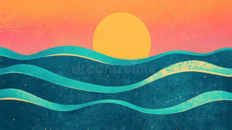 Teal and Orange Sunset Ocean Waves Abstract Art Stock Illustration ...