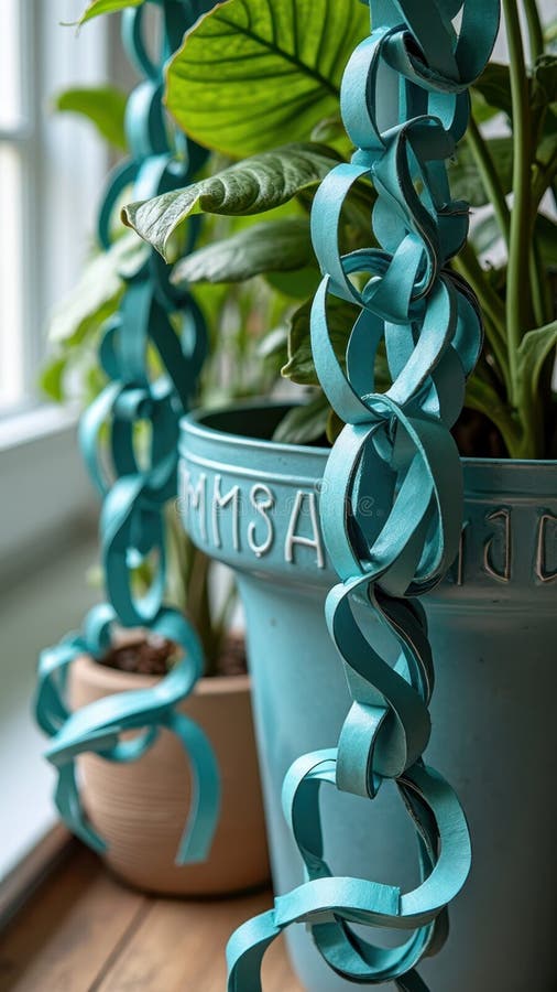 Teal Paper Chain Decoration with Indoor Potted Plants by Window Stock ...