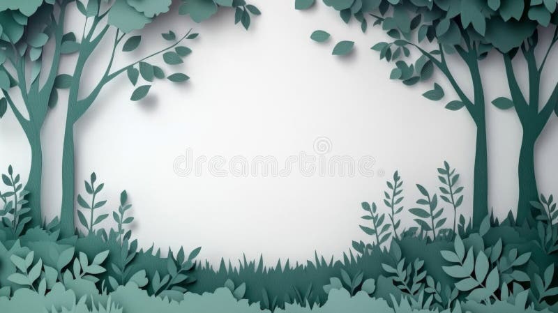 Teal Paper Cut Forest Scene with White Background Stock Illustration ...