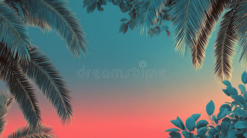 Teal and Pink Sunset Tropical Leaves Frame Stock Illustration ...