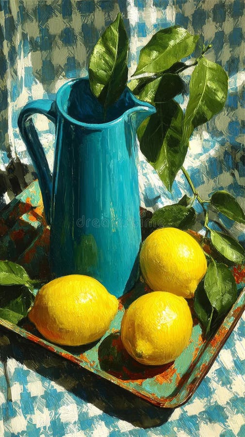 Teal Pitcher and Lemons Still Life Painting Stock Illustration ...