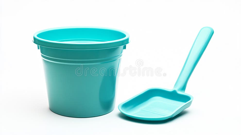 Teal Plastic Bucket and Shovel Set Isolated on White Background Stock ...