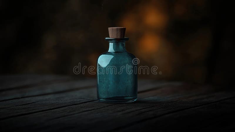 Teal Potion Bottle with Wooden Cork Sits on Dark Wooden Surface ...