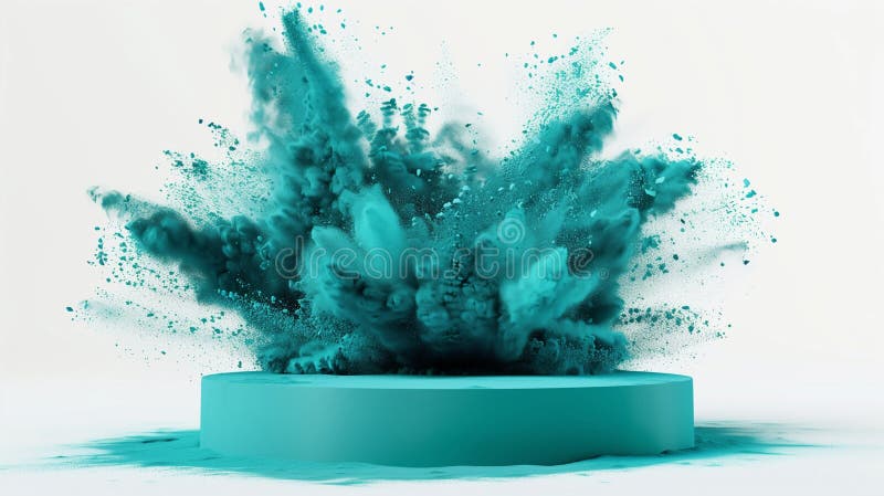 Teal Powder Explosion Behind Podium on White Background Stock ...