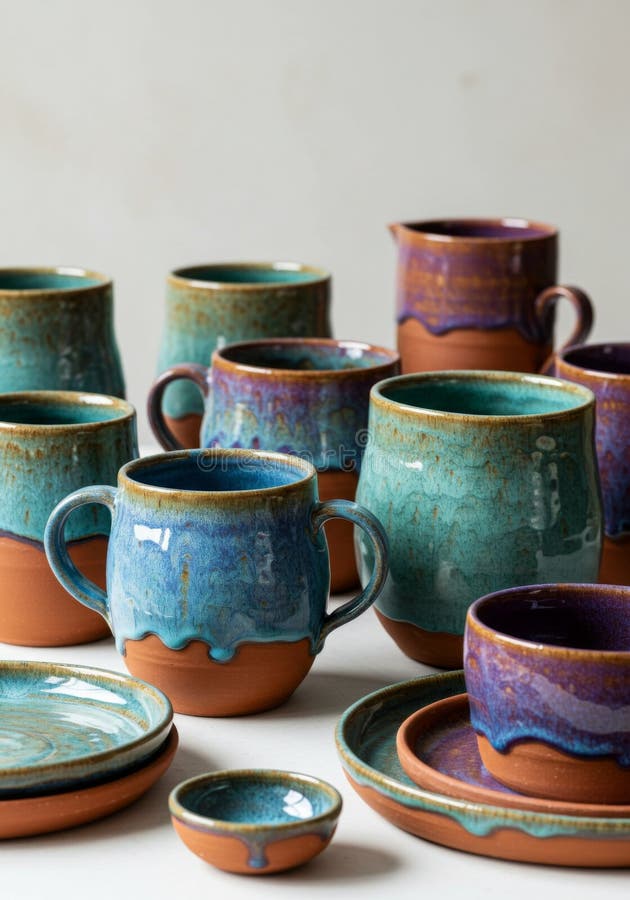 Teal and Purple Glazed Pottery Collection Stock Illustration ...