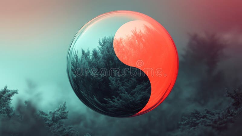 Teal and Red Yin Yang Sphere in Misty Forest Stock Illustration ...