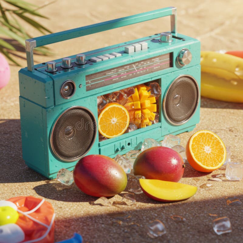 Teal Retro Boombox with Mango and Oranges on Sandy Beach Stock ...