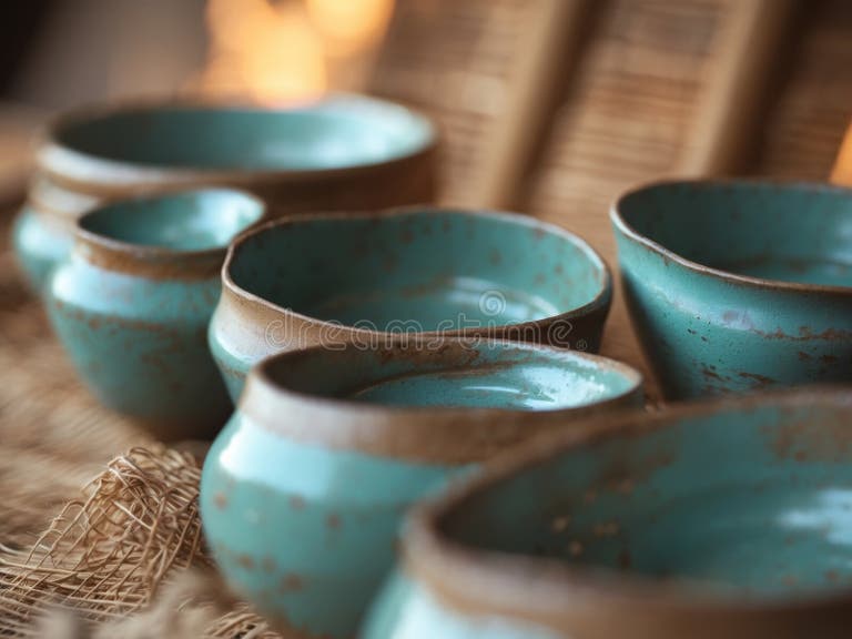 Teal Rustic Pottery Bowls Collection Closeup Stock Image - Image of ...