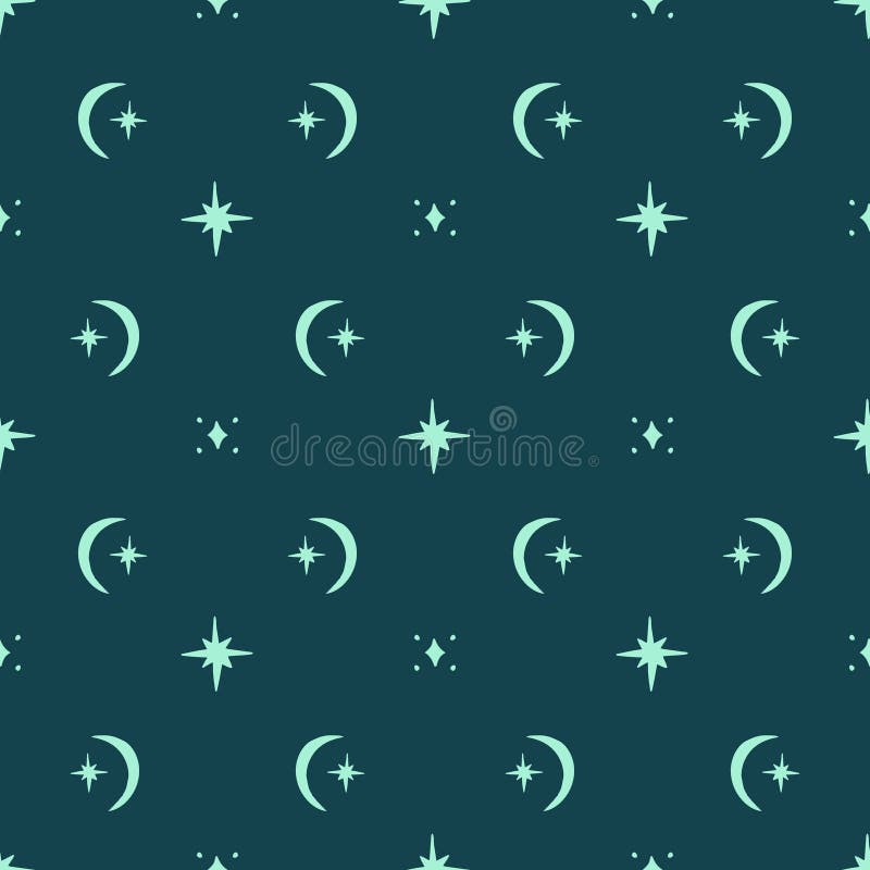 Teal Seamless Pattern with Celestial Motifs. Stars and Moons Background ...
