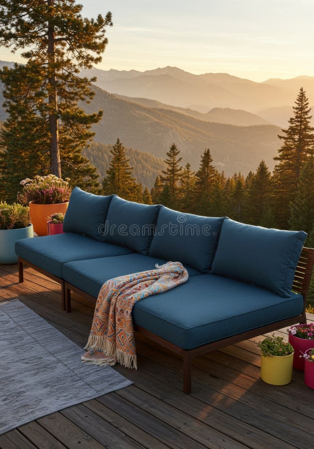 Teal Sectional Sofa on Deck with Mountain Sunset View Stock ...