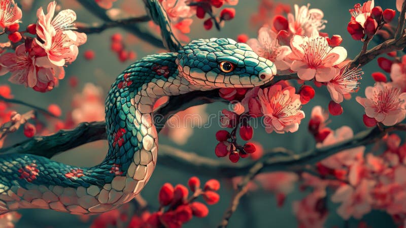 Teal Snake among Pink Blossoms Stock Illustration - Illustration of ...