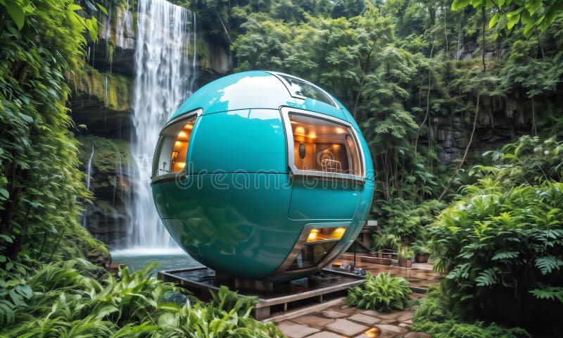 Teal Sphere Sits in Front of a Waterfall and Jungle. it Has Windows and ...