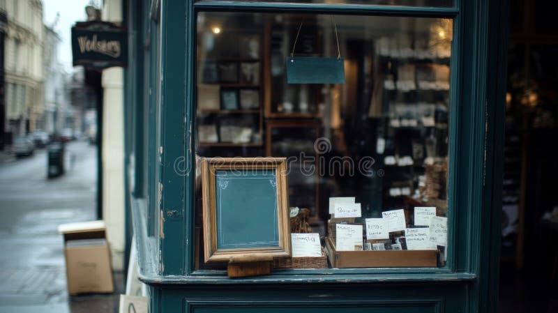 Teal Storefront Window with Chalkboard Sign and Notes Stock ...