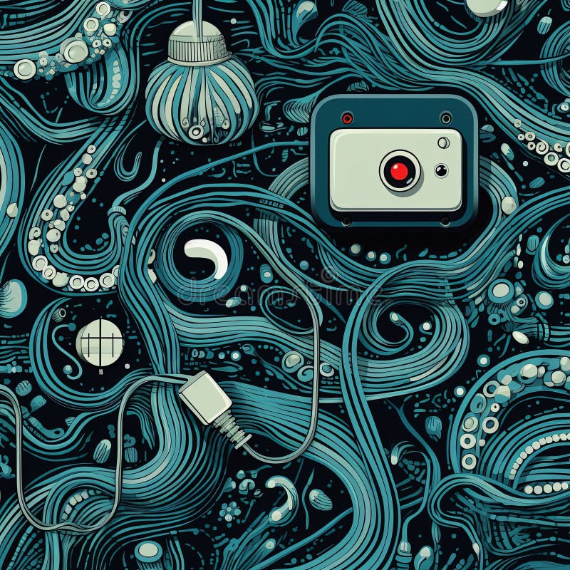 Teal Surreal Underwater Scene Camera, Octopus Tentacles, and Retro Tech ...