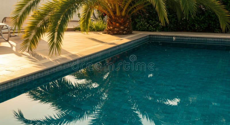 Teal Swimming Pool with Palm Tree Shadow at Sunset Stock Illustration ...