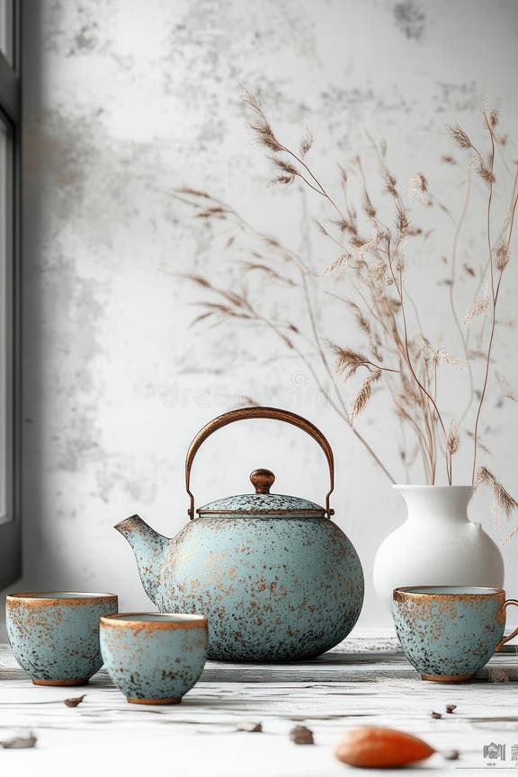 Serene Tea Ceremony: Rustic Teapot and Cups with Dried Grass Stock ...
