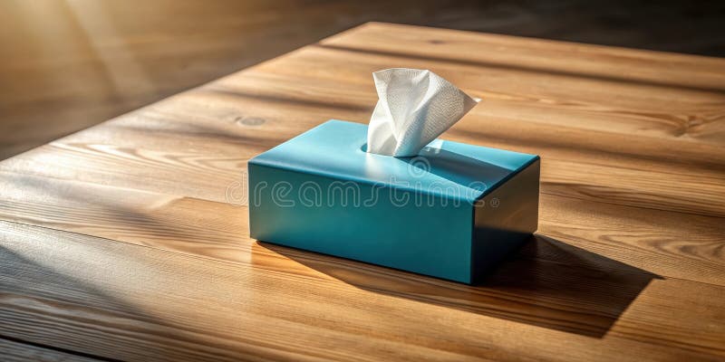 Teal Tissue Box on Wooden Surface in Sunlight. Generative AI Stock ...