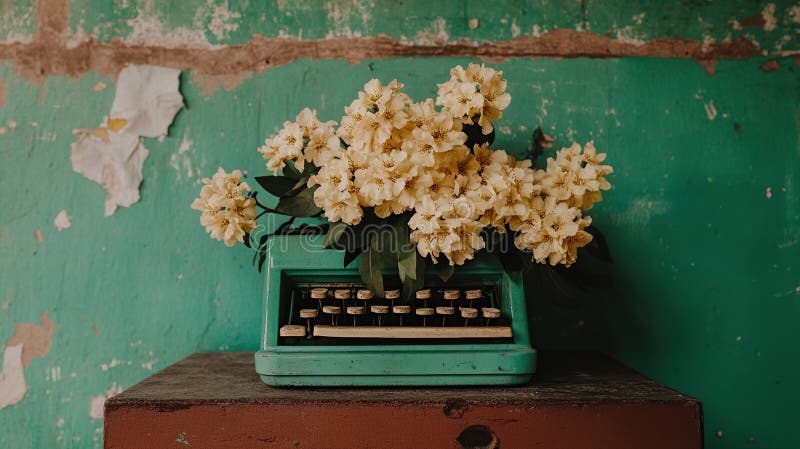 Teal Typewriter, Flowers, Rustic Wall, Writing, Vintage Stock Photo ...