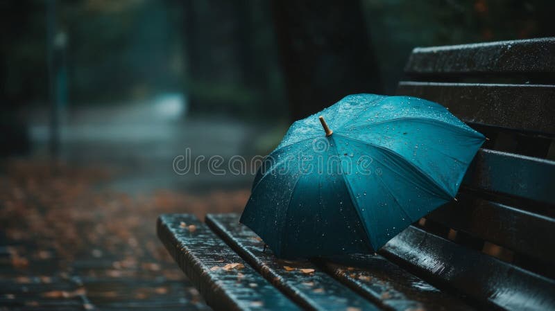 Teal Umbrella on a Rain-Wet Park Bench Stock Illustration ...